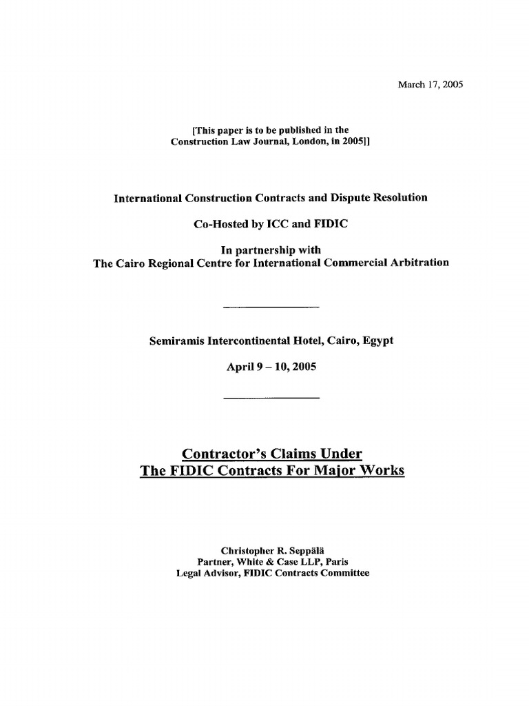 Fidic Contractor S Claims Under The Fidic Contractors For Major Works Pdf