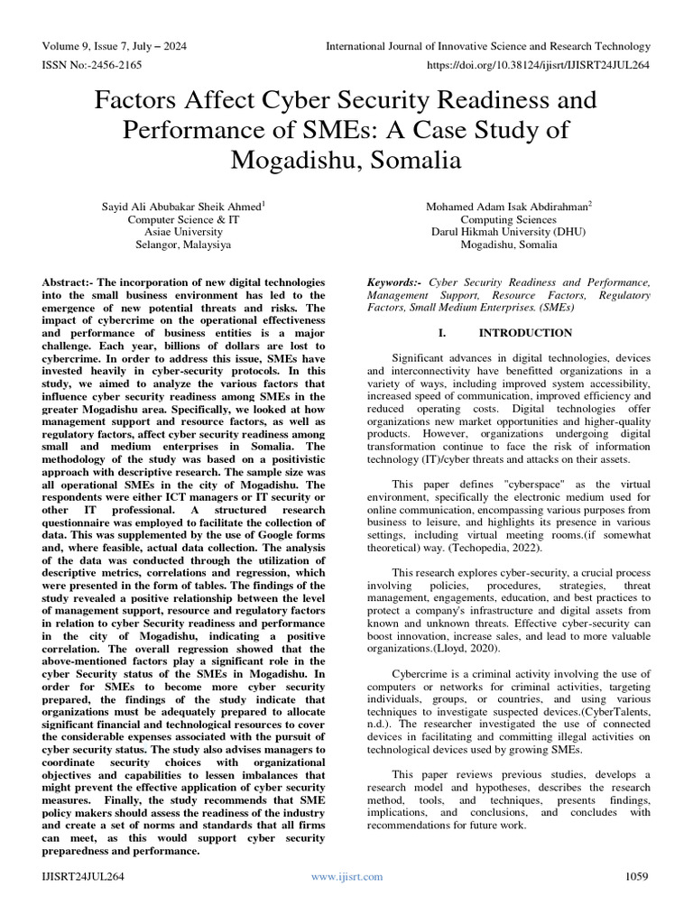 Factors Affect Cyber Security Readiness and Performance of SMEs: A Case Study of Mogadishu ...
