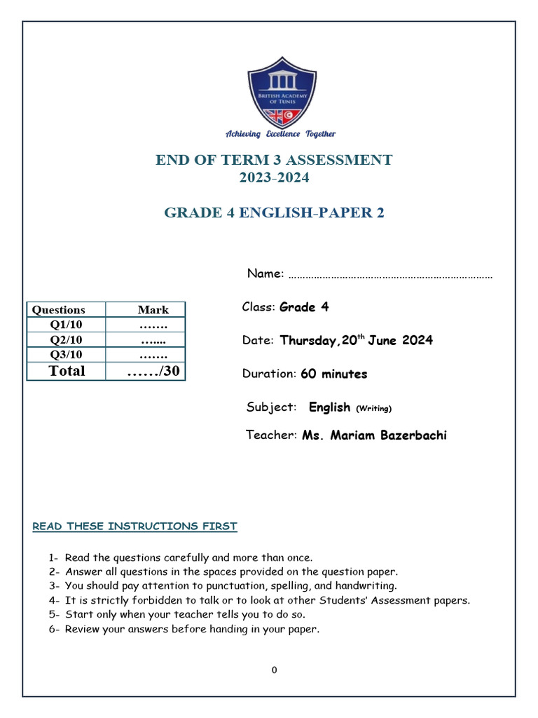 Grade - 4 - Writing and Grammar - End of Term 3 - 23-24 | PDF | Natural ...