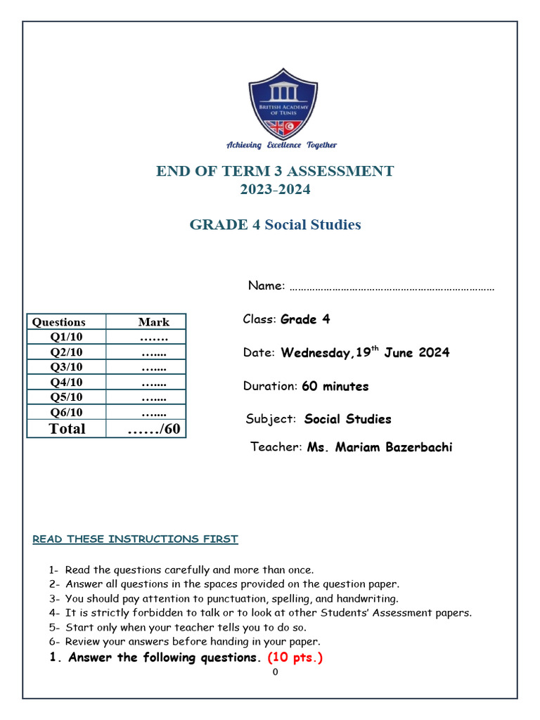 Grade 4 Term 3 Social Studies Test | PDF | Recycling | Water