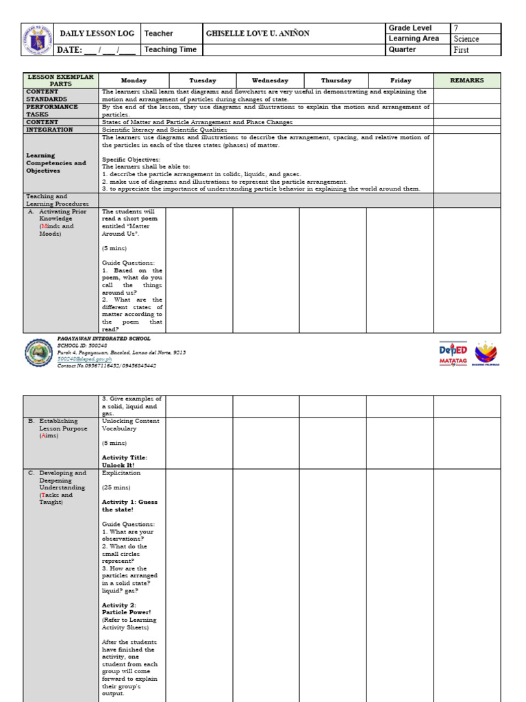 DLL Template - Matatag Curriculum | PDF | Learning | Matter