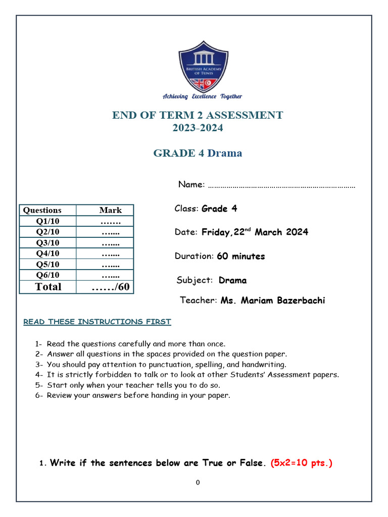 Grade - 4 - Drama - End of Term 2 - 23-24 | PDF | Human Communication