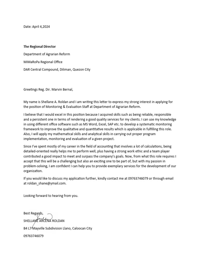 Letter of Intent (Shellane Arcena Roldan) | PDF