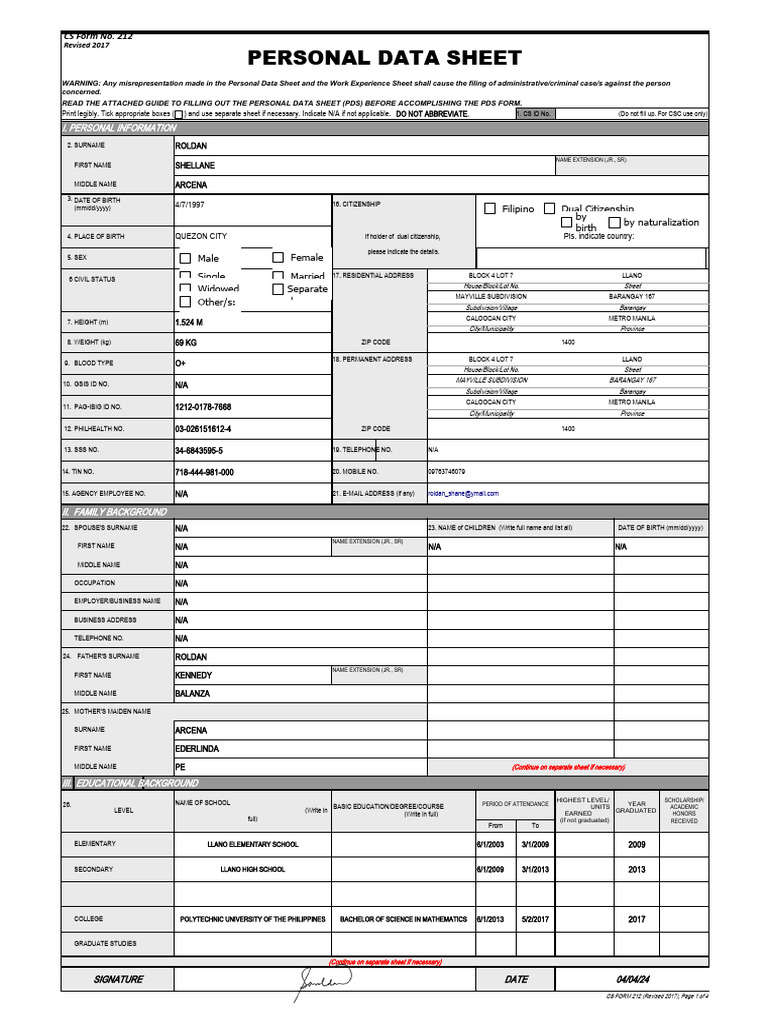 CS Form No. 212 Personal Data Sheet Revised (Shellane Arcena Roldan) | PDF | Passport | Government