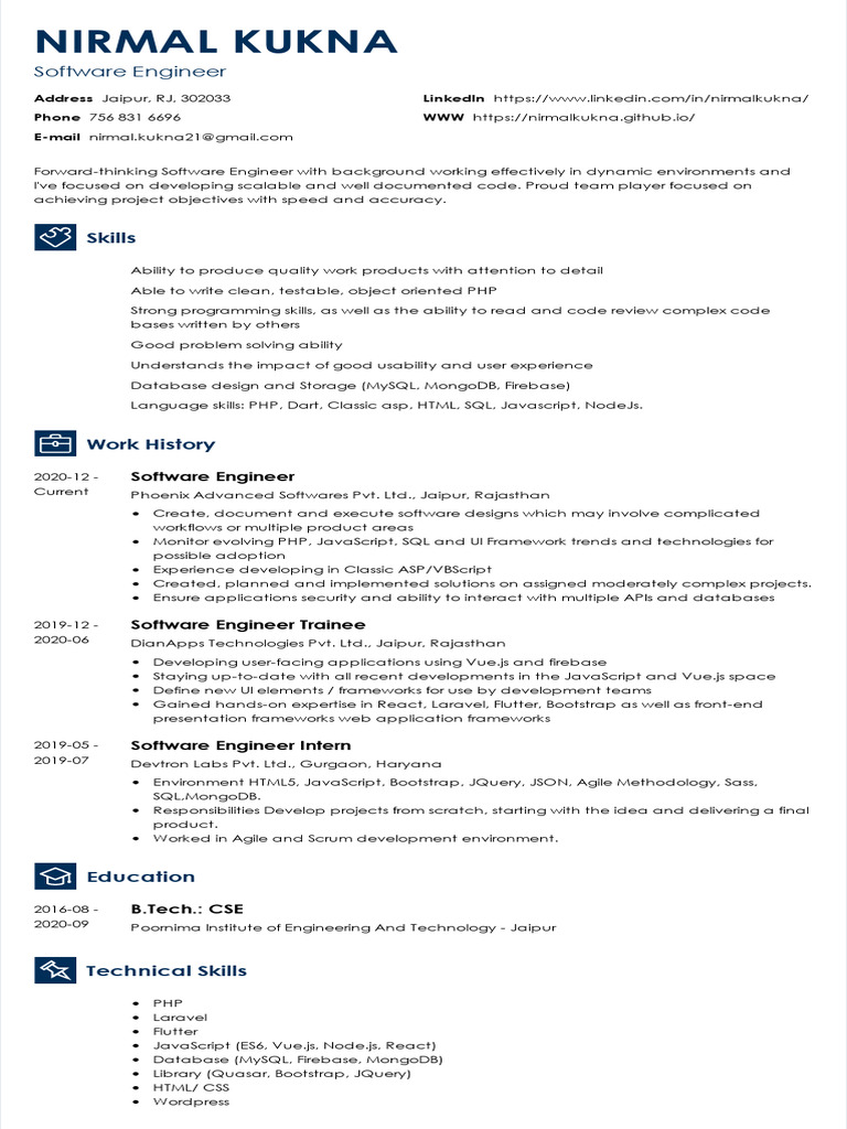 Nirmal Kukna: Software Engineer | PDF | Java Script | Bootstrap (Front End Framework)
