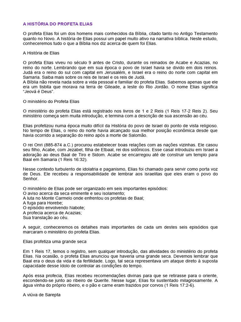 A Vida e Ministérios do Profeta Elias | PDF | Elias | Conteúdo bíblico