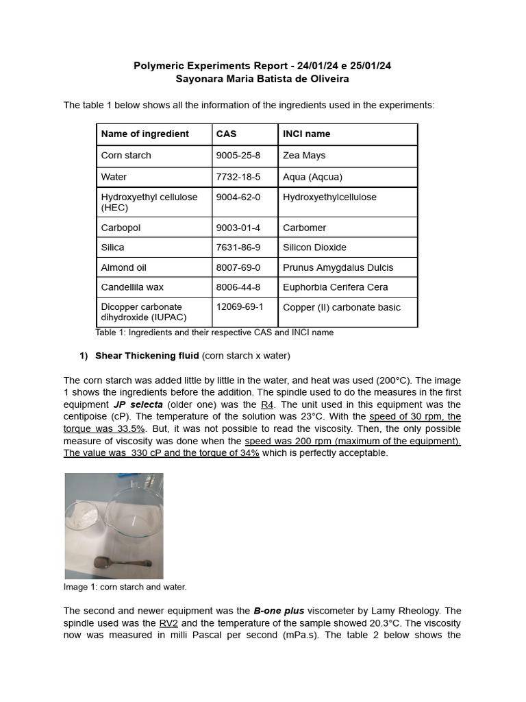 Polymeric Ingredients Laboratory Report | PDF | Viscosity | Continuum ...