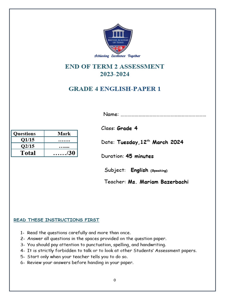 Grade_4_Speaking_End of Term 2_23-24 | PDF | Fluency | Learning