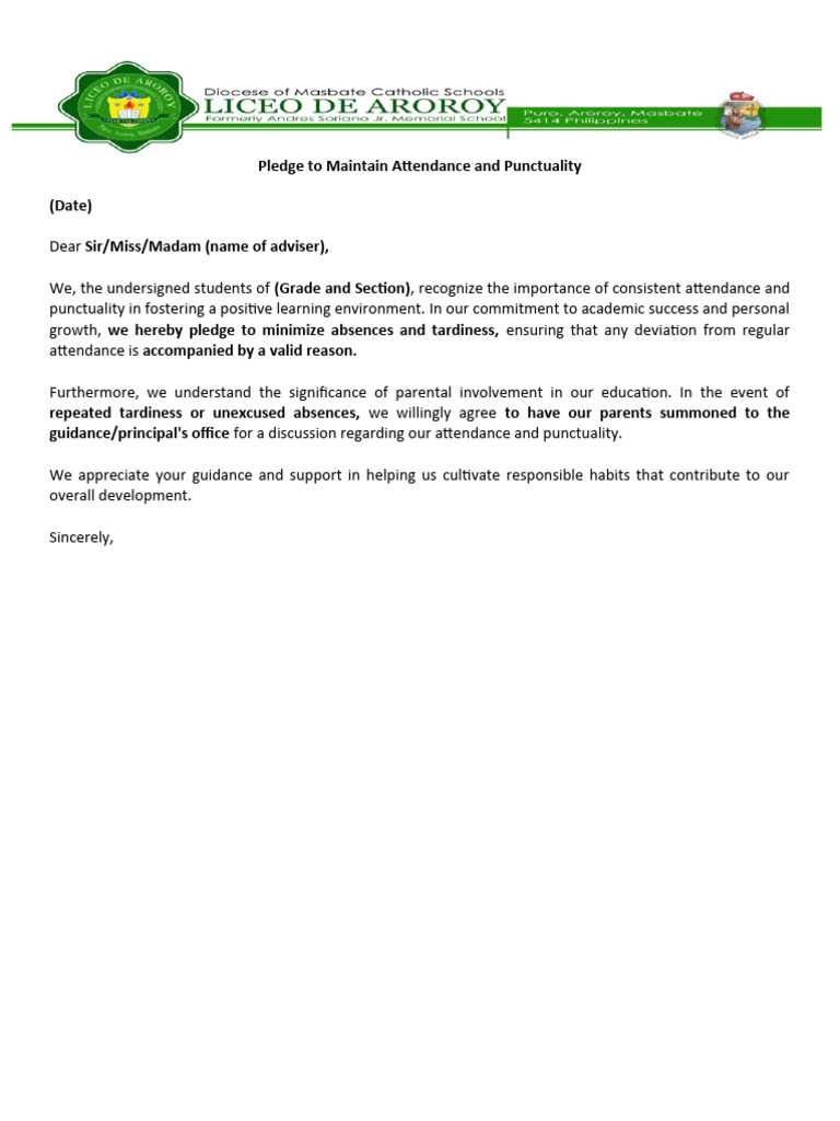 Pledge To Maintain Attendance and Punctuality | PDF