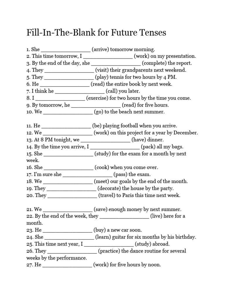 Future Tense Fill-in-the-Blank Worksheet | PDF | Language Arts & Discipline