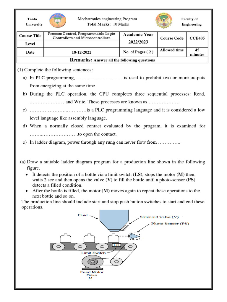 Mechatronics PLC Course Exam 2022 | PDF