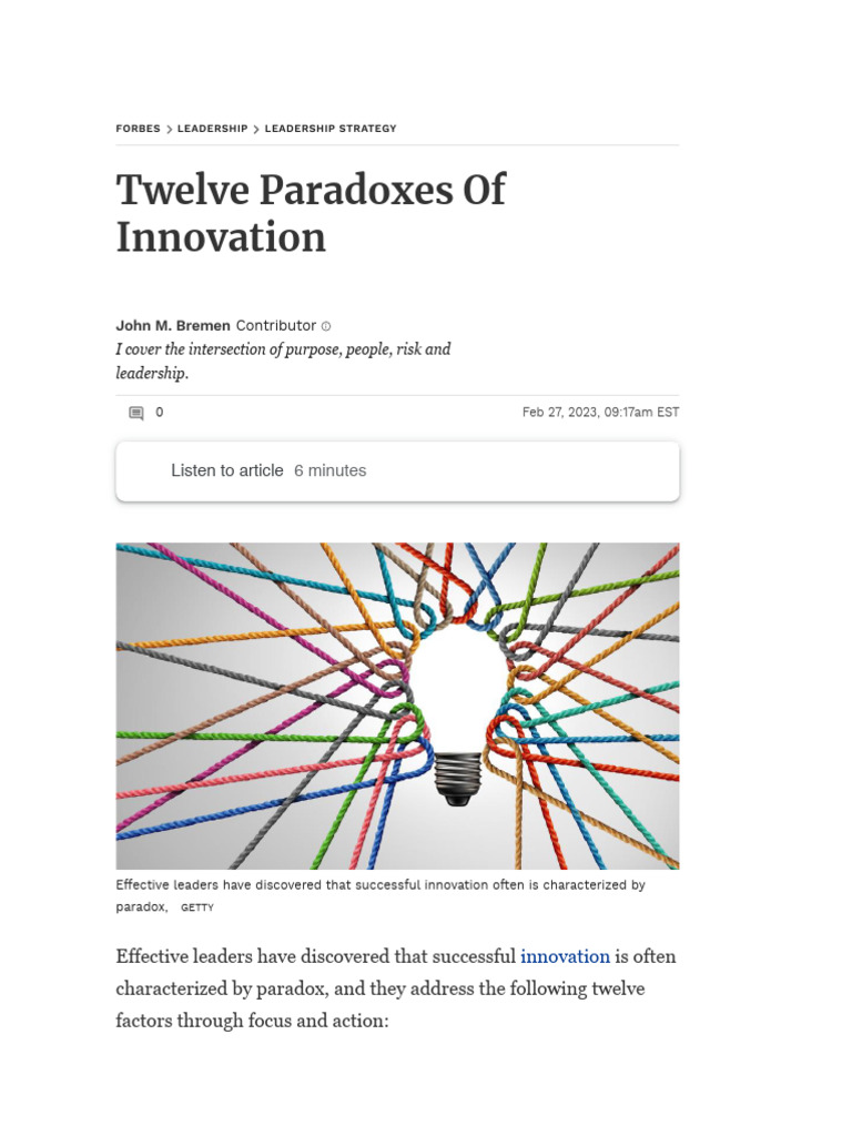 Twelve Paradoxes of Innovation | PDF | Innovation | Expert
