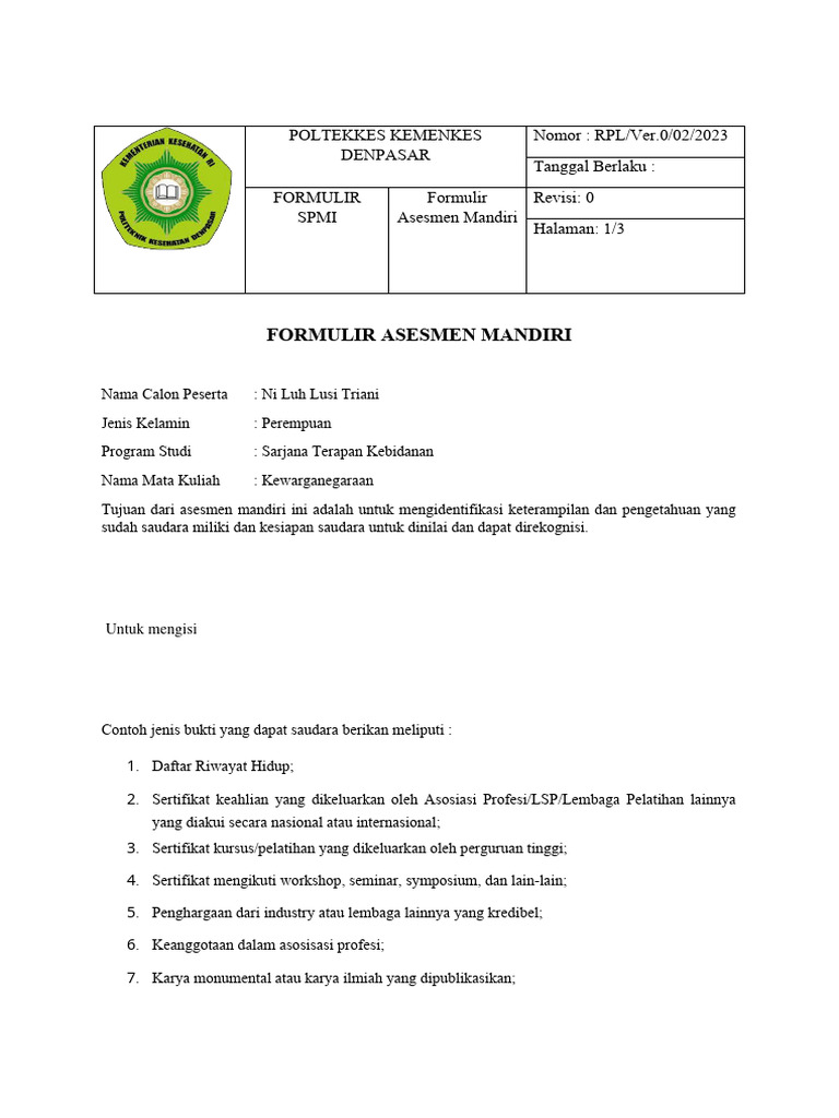 Form Formulir Asesmen Mandiri - MK KWN | PDF