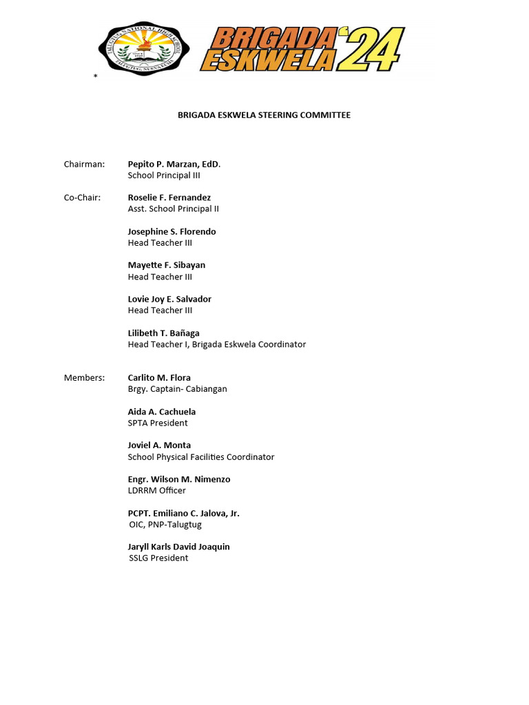 BRIGADA ESKWELA 2024 Working Committee | PDF