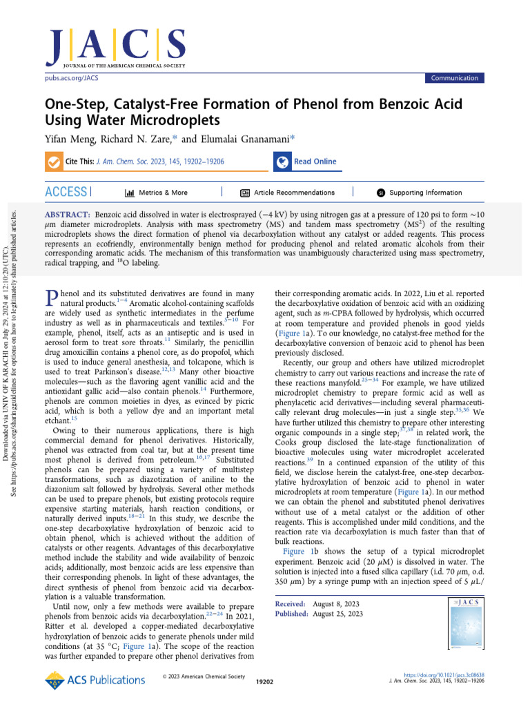 One Step Catalyst Free Formation of Phenol From Benzoic Acid Using ...