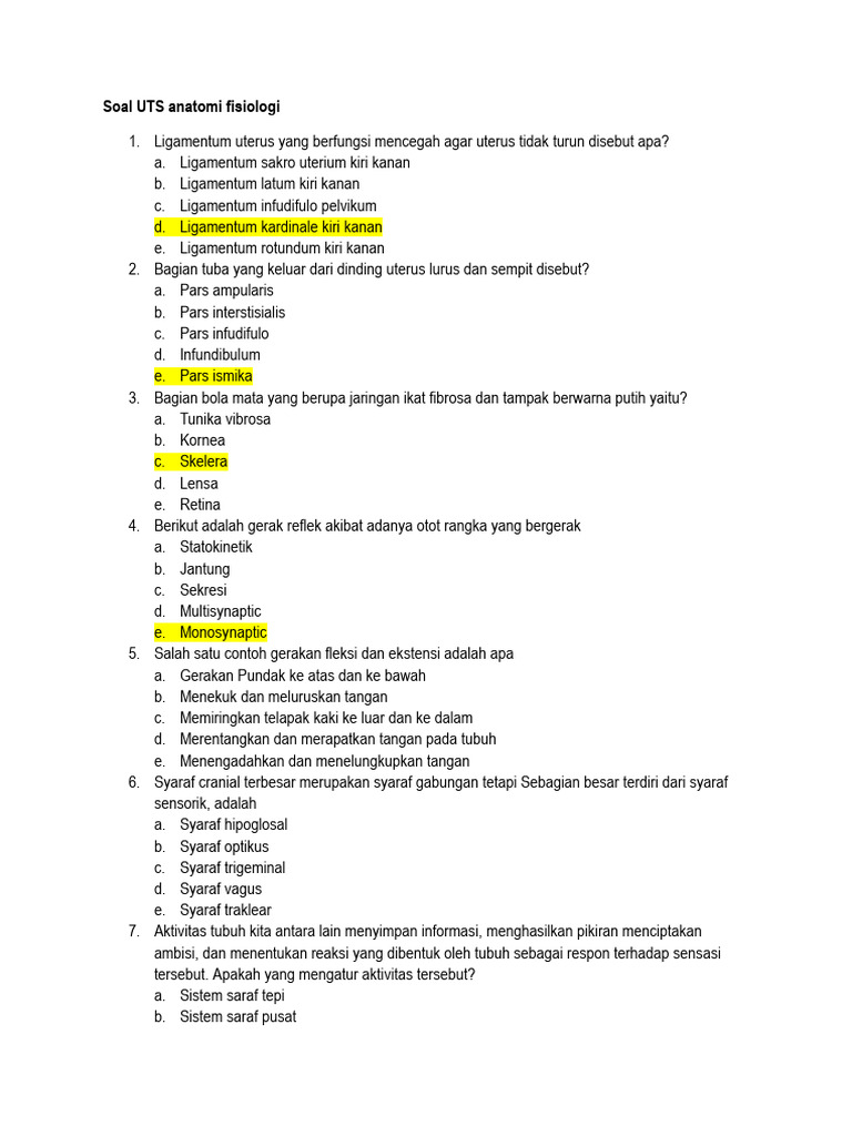 Soal Uts Anatomi Fisiologi Pdf