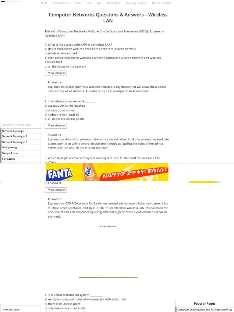 Wireless LAN - Computer Networks Questions & Answers - Sanfoundry | PDF | Computer Network ...