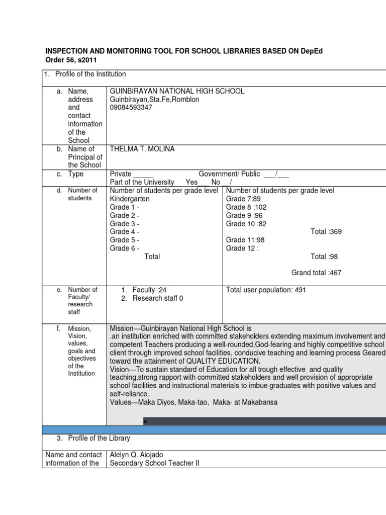 I Am Sharing 'School-Libraries-Inspection-GUINBIRAYAN NHS' With You | PDF | School Library ...