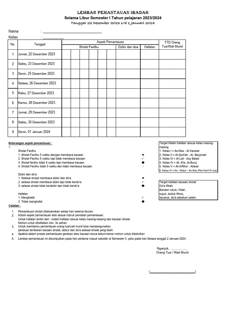 Form. Pemantauan Ibadah Libur Semester I 2023-2024 | PDF