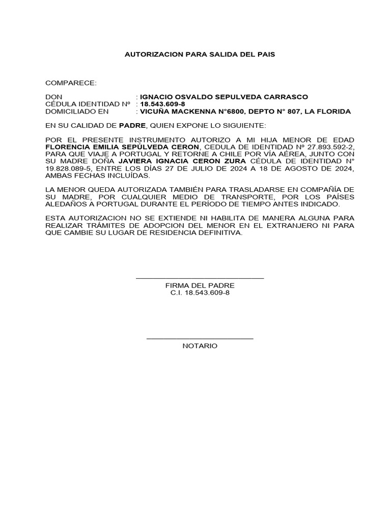 Autorización Notarial para Viaje de Menor Al Extranjero | PDF