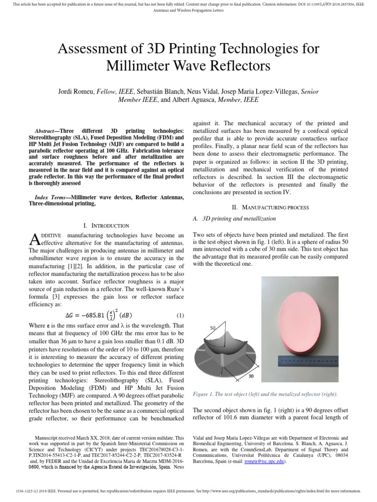 Assessment of 3D Printing Technologies For Millimeter Wave Reflectors ...