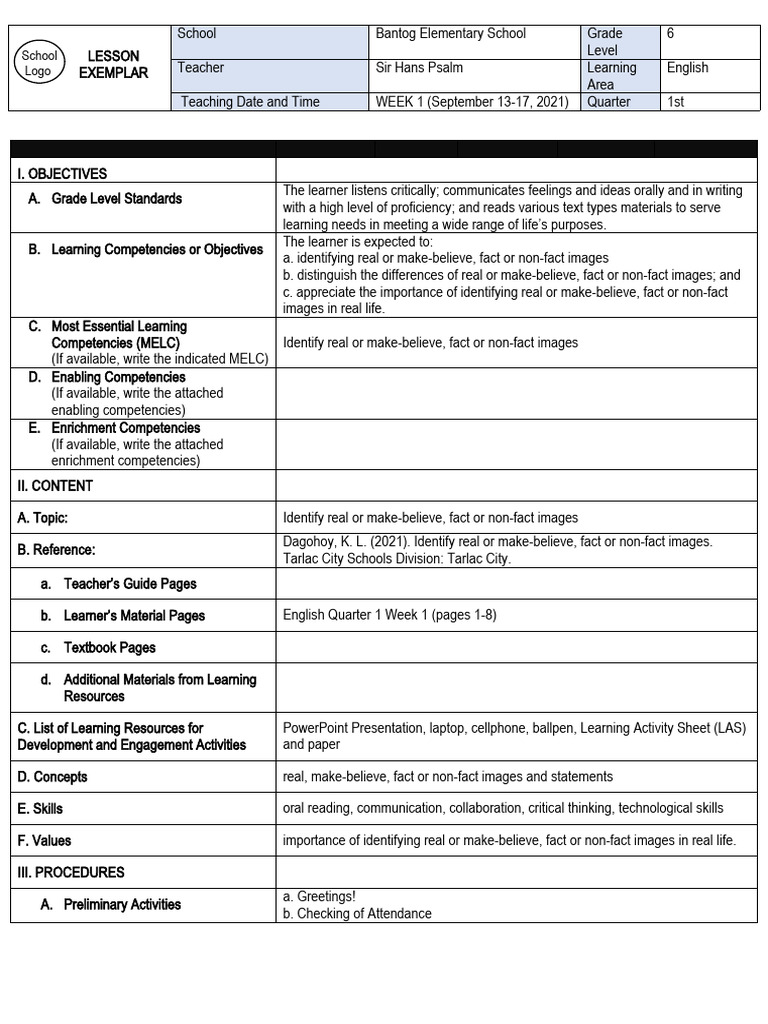 English 6 Q1 Week 1 Lesson Exemplar | PDF | Learning | Teachers