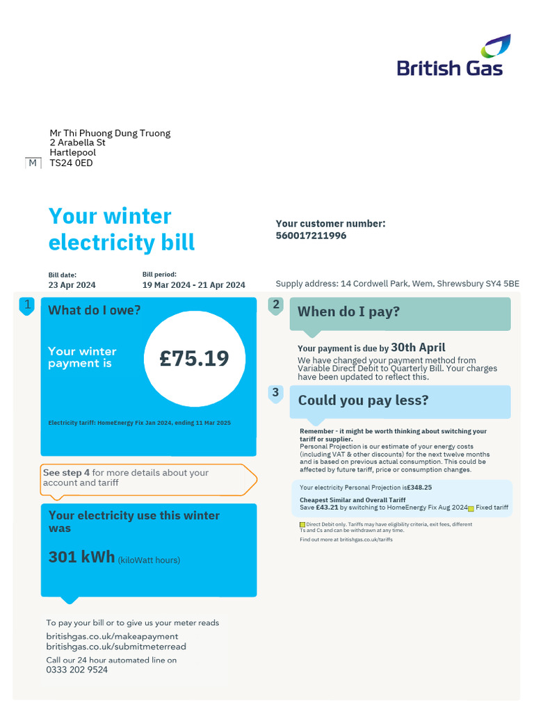 Gas Bill Ca Nhan Done Uk 2 | PDF | Electrical Engineering | Electricity