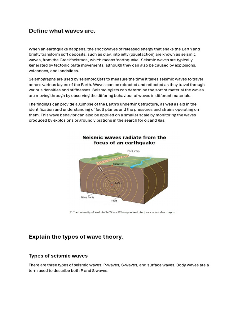 Define what waves are and explain types of wave | PDF | Seismology | Waves