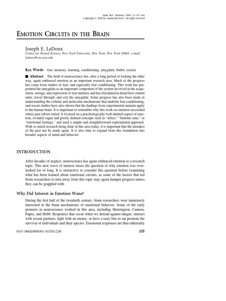 LeDoux Joseph E. 2000. Emotion Circuits in The Brain. Annu. Rev ...