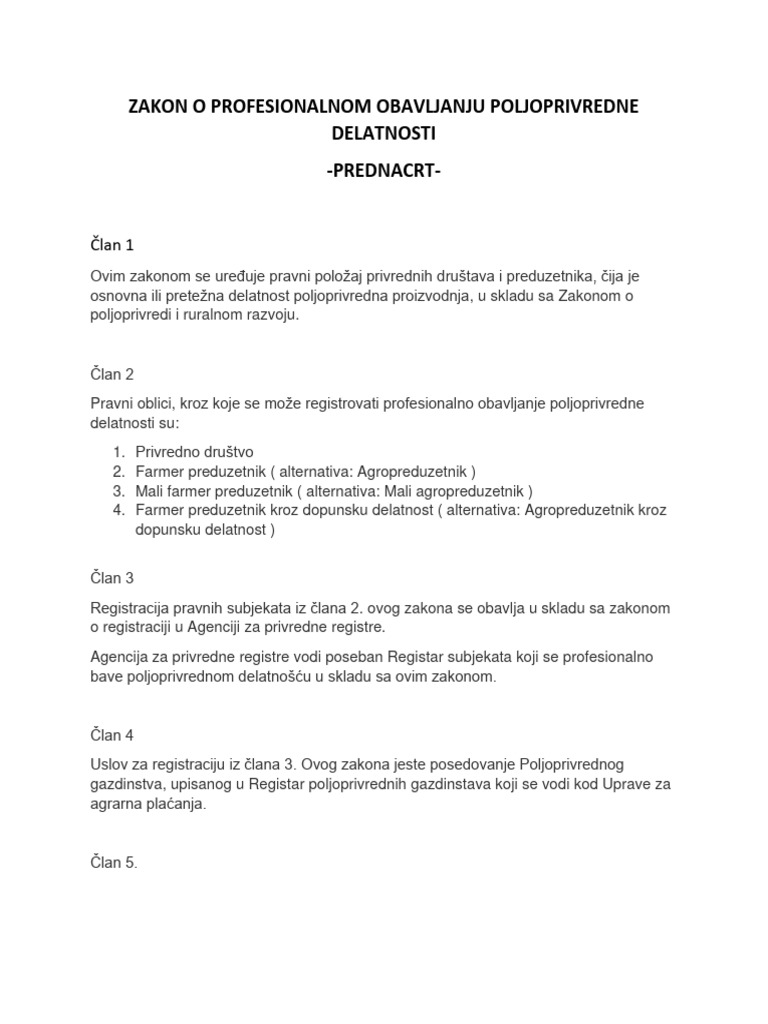 Zakon o Profesionalnom Obavljanju Poljoprivredne Delatnosti1 | PDF