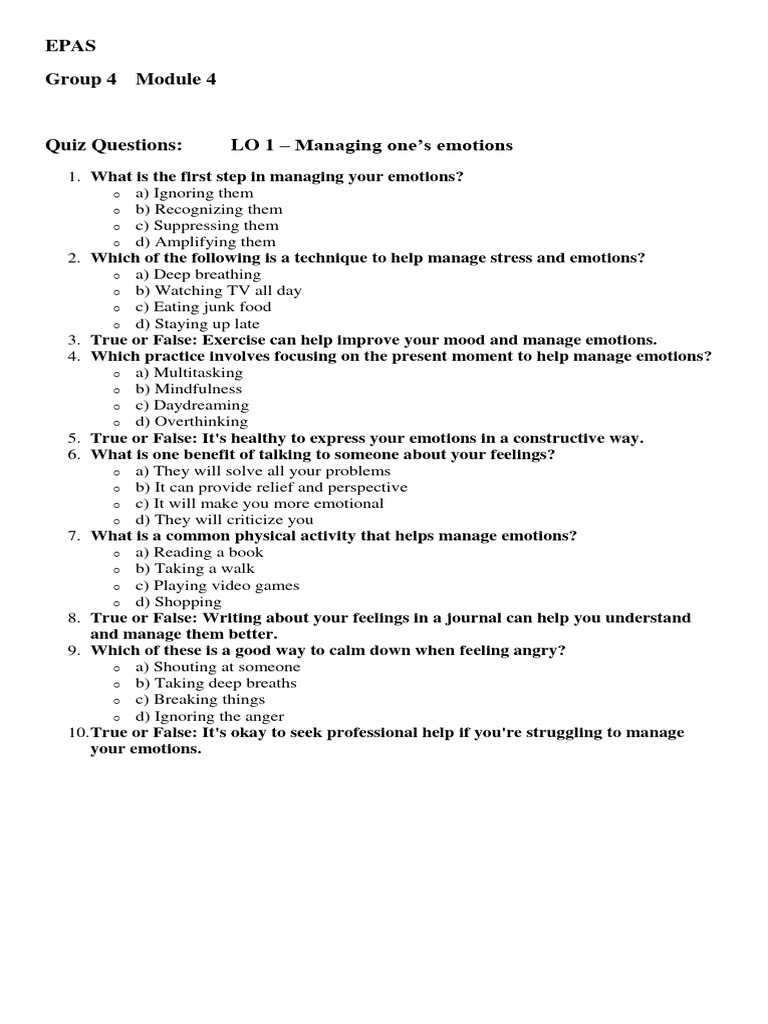 Quiz Questions Module 4 EPAS | PDF | Reflective Practice | Emotional ...