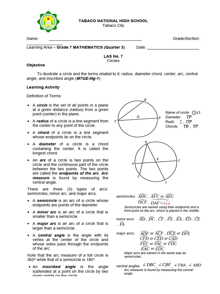 LAS 7 Math7 (Quarter3) | PDF | Circle | Angle