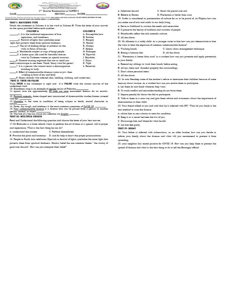 MAPEH 8 2nd Quarter Exam Review | PDF | Infection | Carpet