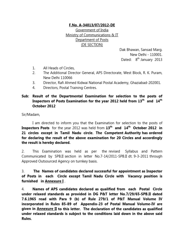 Inspector of Posts - Results 2012 | PDF