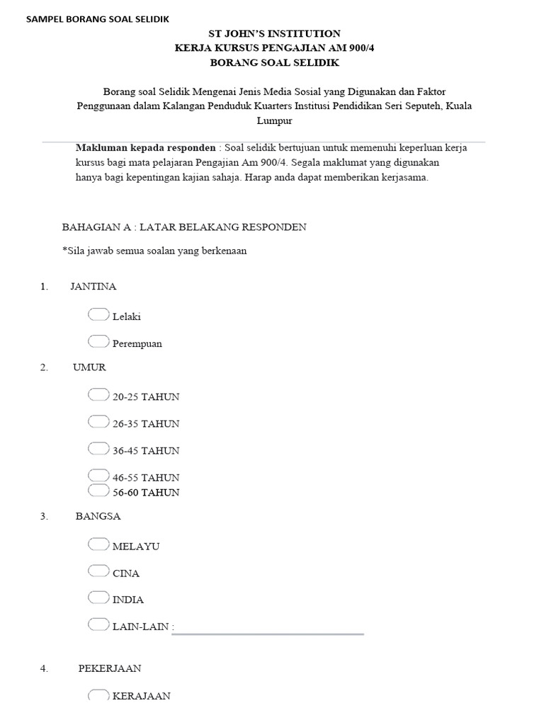Soal Selidik Mengenai Jenis Media Sosial Yang Digunakan Dan Faktor ...