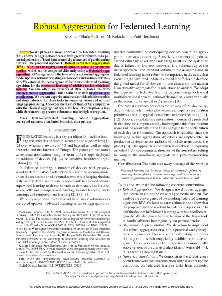 Robust Aggregation For Federated Learning | PDF | Robust Statistics | Computer Network