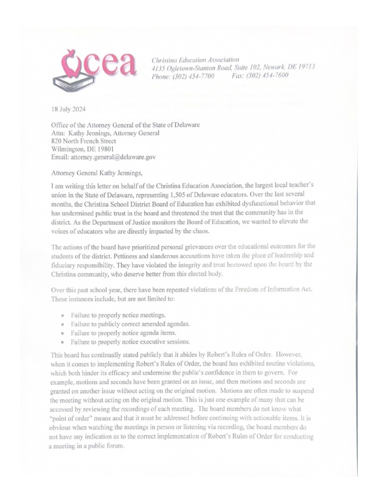 Christina Education Association letter to Delaware AG Kathy Jennings | PDF
