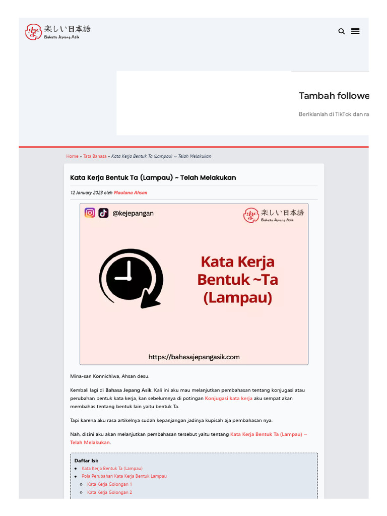 Kata Kerja Bentuk Ta (Lampau) - Telah Melakukan - Bahasa Jepang Asik | PDF | Seni & Disiplin Bahasa