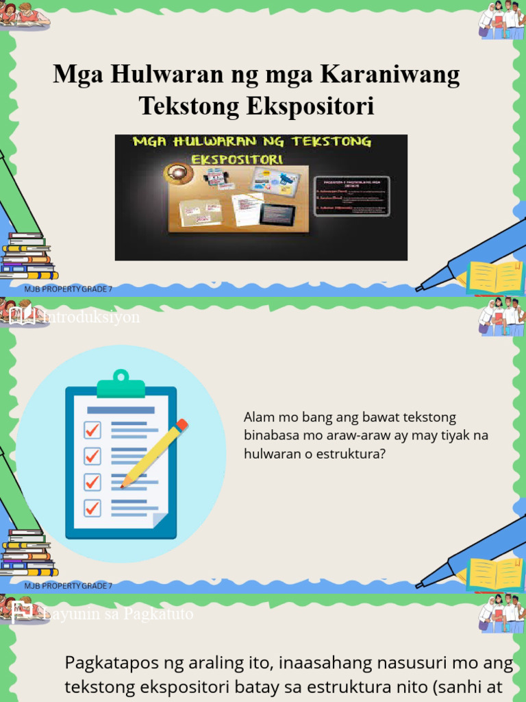 Q1.Mga Hulwaran Sa Karaniwang Tekstong Ekspositori | PDF Q1.Mga Hulwaran Sa Karaniwang Tekstong Ekspositori | PDF