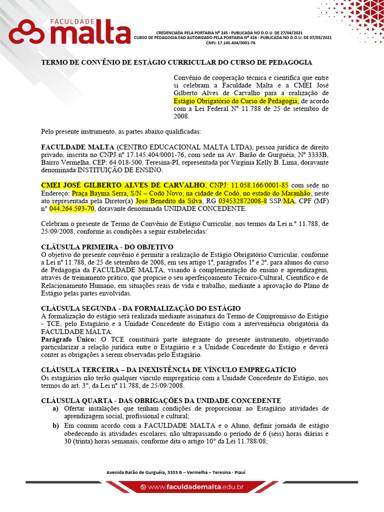 Termo de Convênio Pedagogia Malta | PDF | Estágio | Procura de Emprego