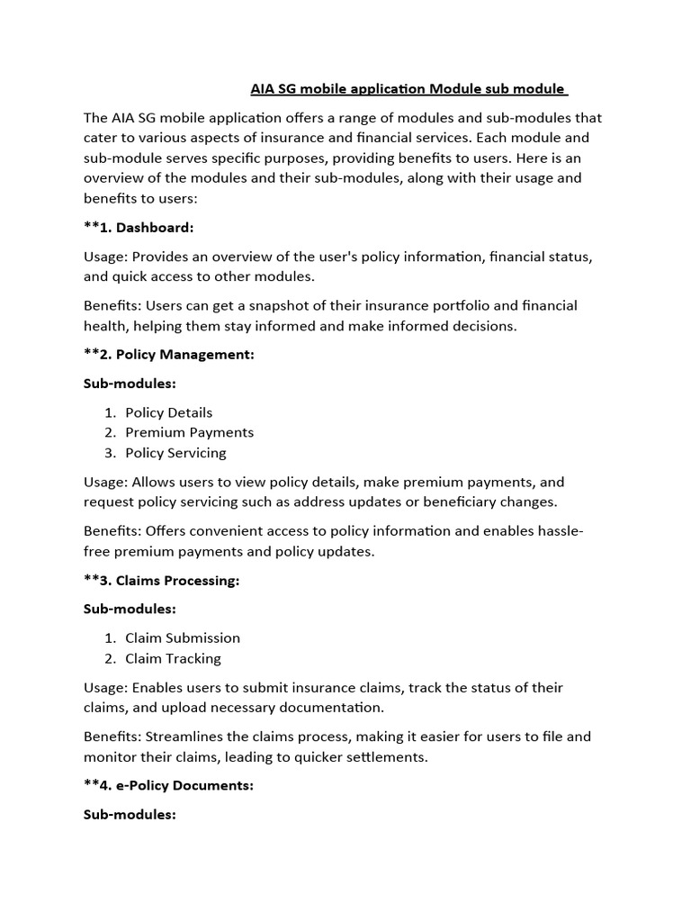AIA SG Mobile Application Project Deatils | PDF | Insurance | Policy
