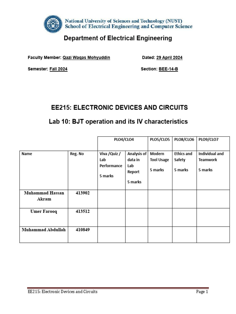 EDC Lab 10 | PDF | Bipolar Junction Transistor | Transistor
