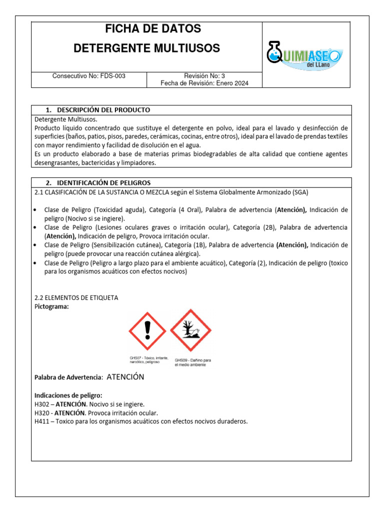 2024 FDS DETERGENTE MULTIUSOS -sin hmiss | PDF | Agua | Detergente