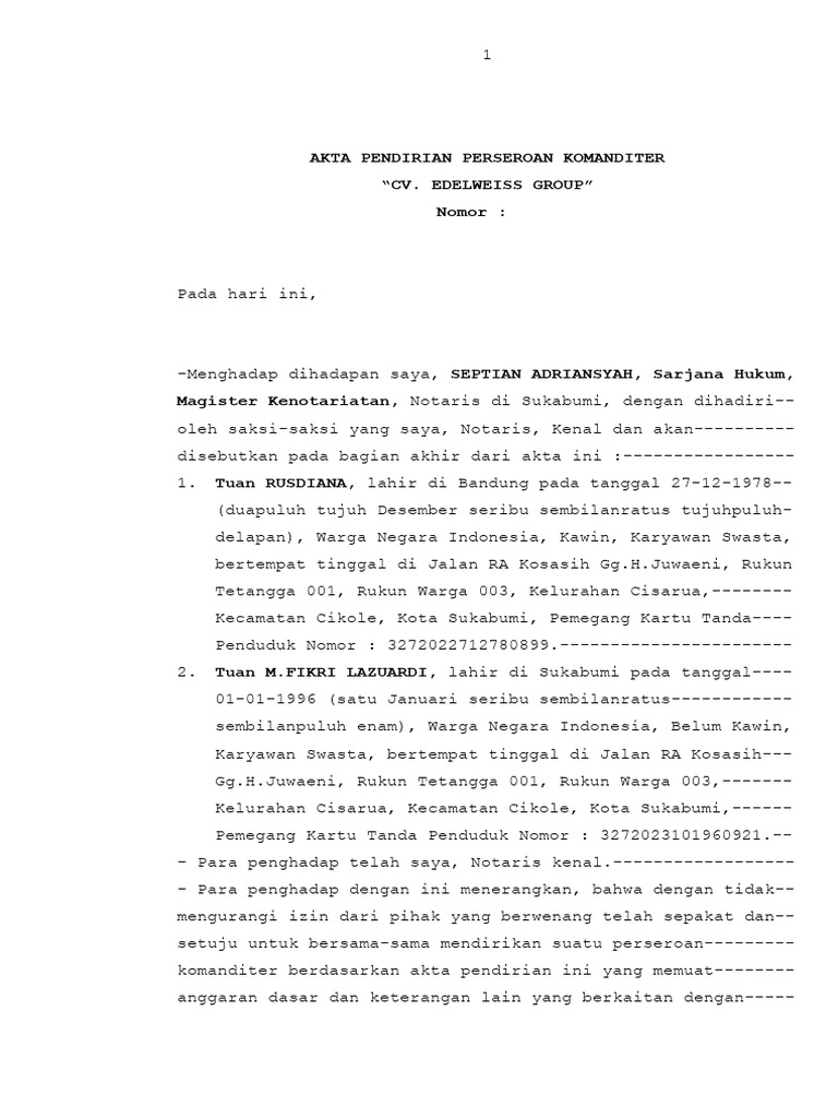 Akta Pendirian CV | PDF