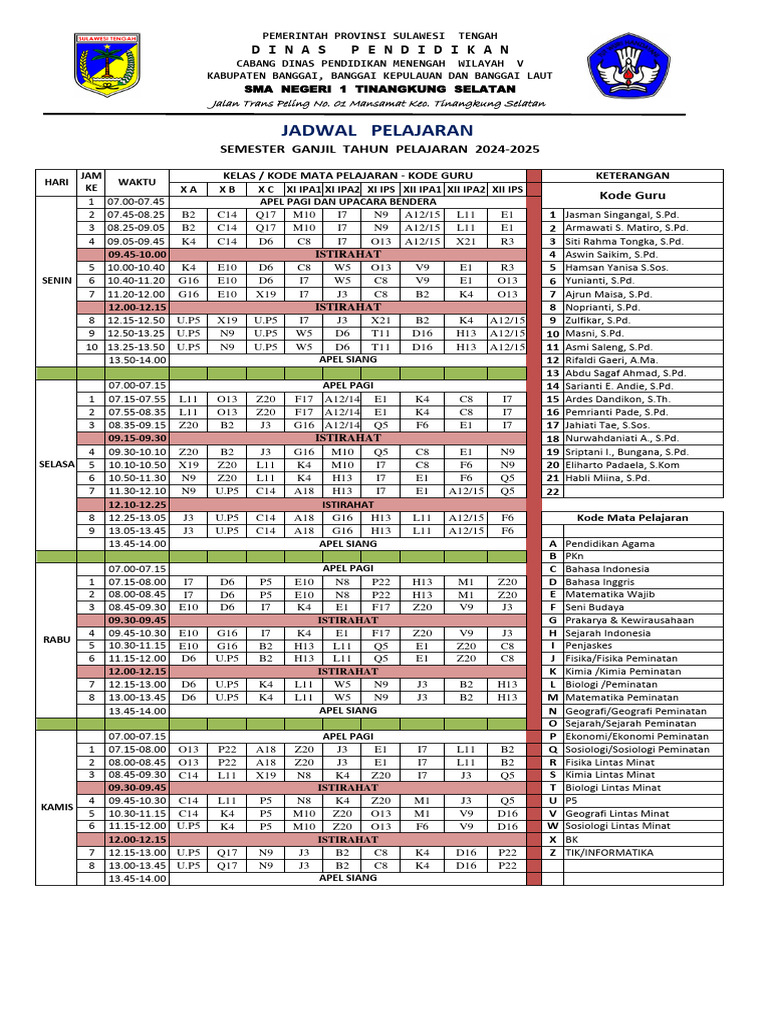 Jadwal Pelajaran Semester Ganjil Tapel 2024-2025 - 103551 | PDF