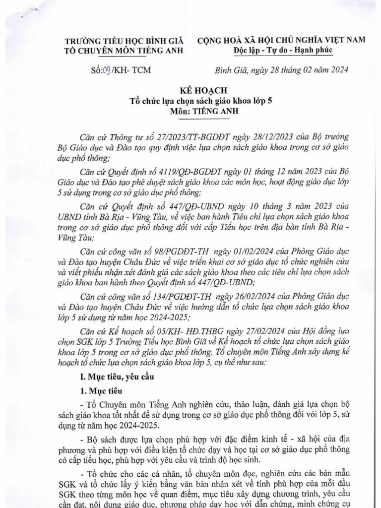 Ke Hoach To Chuc Lua Chon Sach Giao Khoa Lop 5 Mon Tieng Anh 0001 74ca7 | PDF