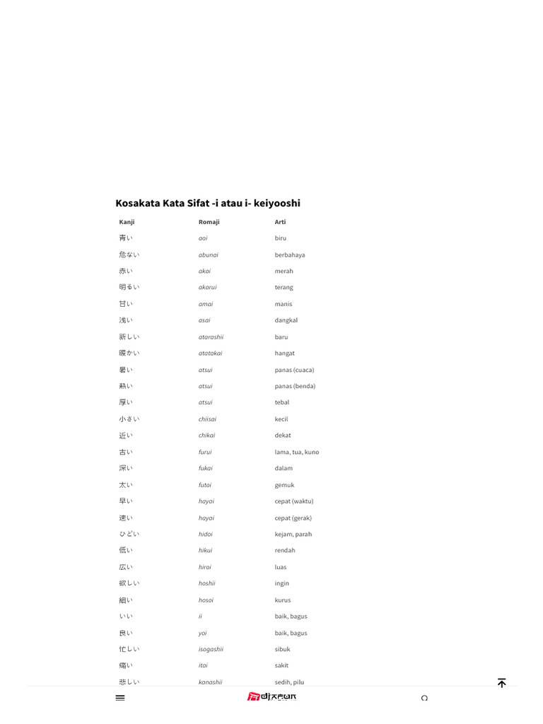 Daftar Kosakata Kata Sifat - I Dalam Bahasa Jepang N5 N4 | PDF