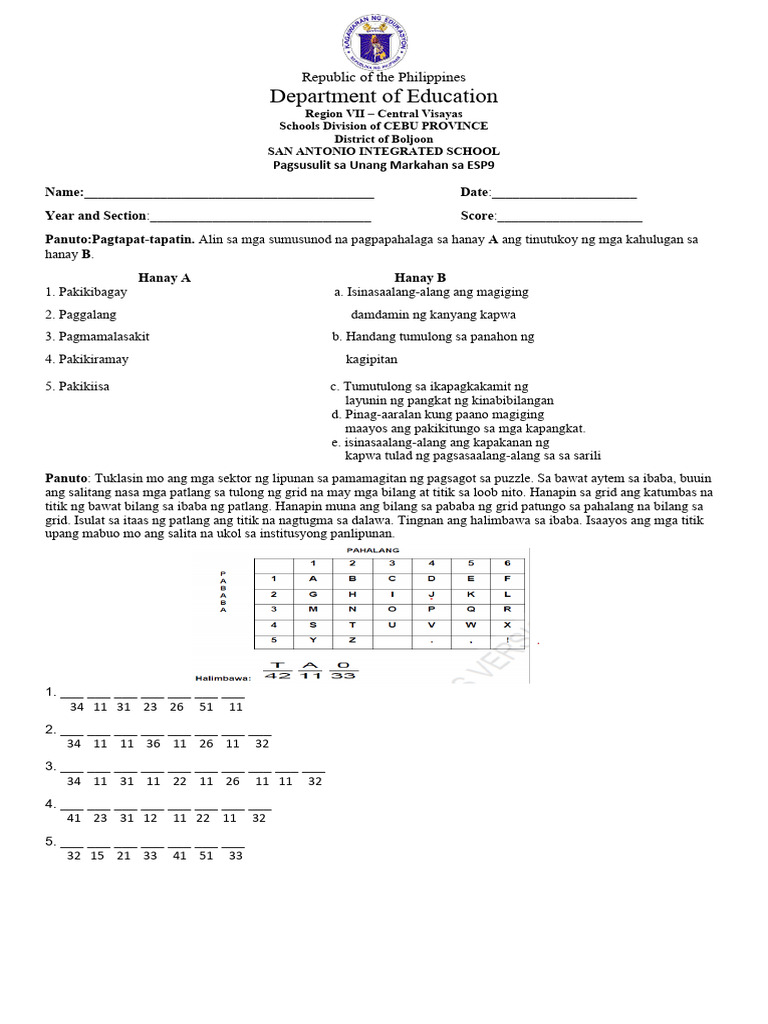1st Grading Test Esp 9 | PDF