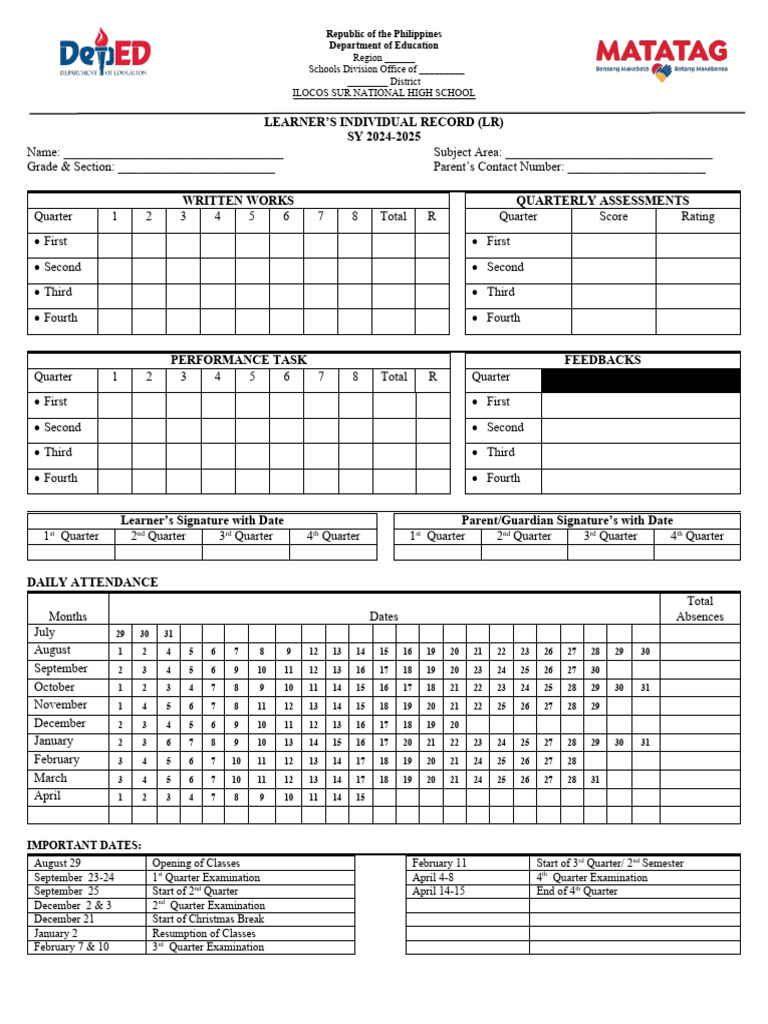 Learner's Individual Record SY 2024-2025 | PDF | Learning
