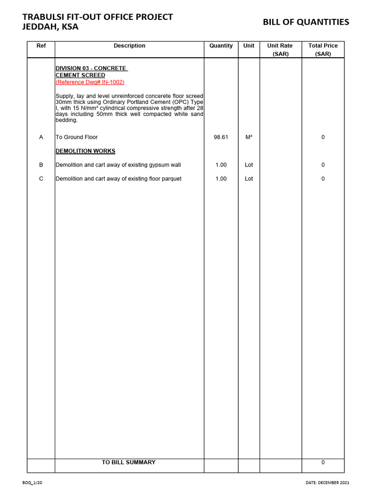 Trabulsi Fit-Out - Boq - Rev. 00 | PDF | Plaster | Concrete